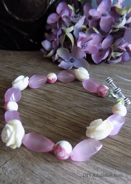 DIY Pink and Ivory Rose Bracelet with Heart Toggle - DIY Adulation